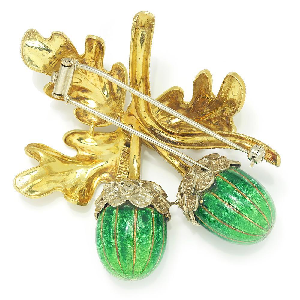 Vintage Diamond Acorn with Leaves Brooch 18K & Enamel - Once Upon A Diamond
