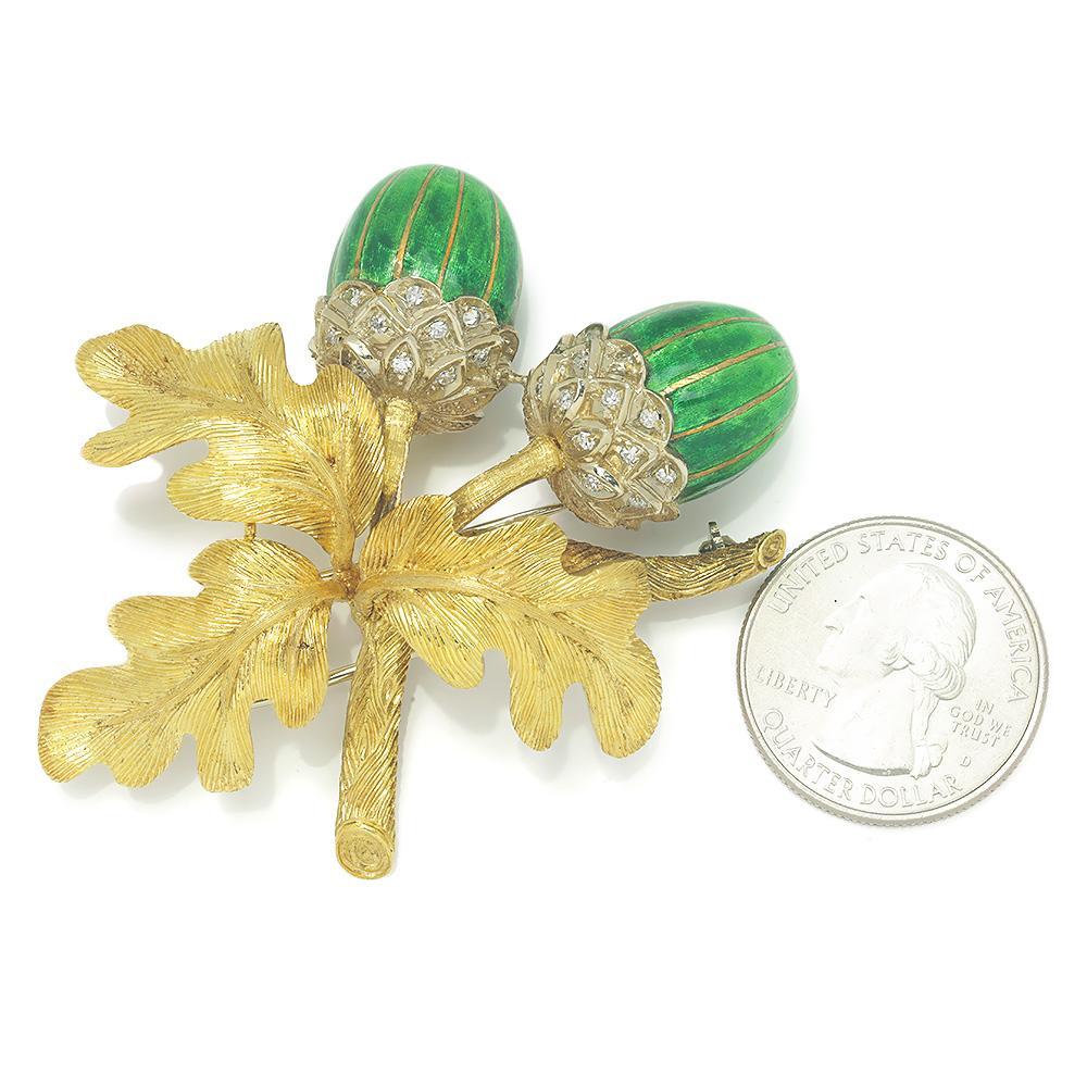 Vintage Diamond Acorn with Leaves Brooch 18K & Enamel - Once Upon A Diamond