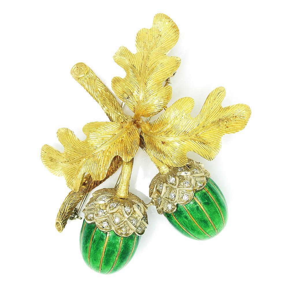 Vintage Diamond Acorn with Leaves Brooch 18K & Enamel - Once Upon A Diamond