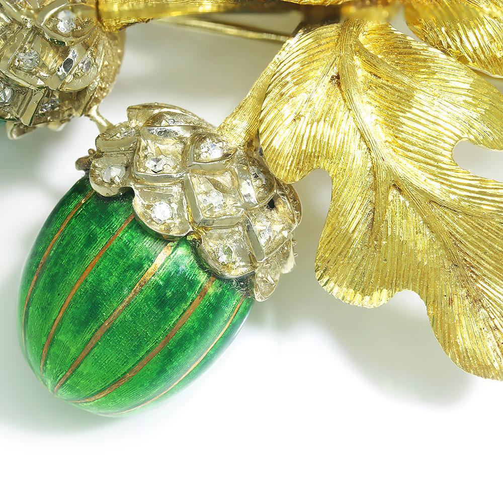 Vintage Diamond Acorn with Leaves Brooch 18K & Enamel - Once Upon A Diamond